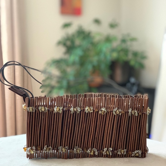 Bags | Vintage Wood Wooden Twigs Handbag Purse Leather Strap Fully ...